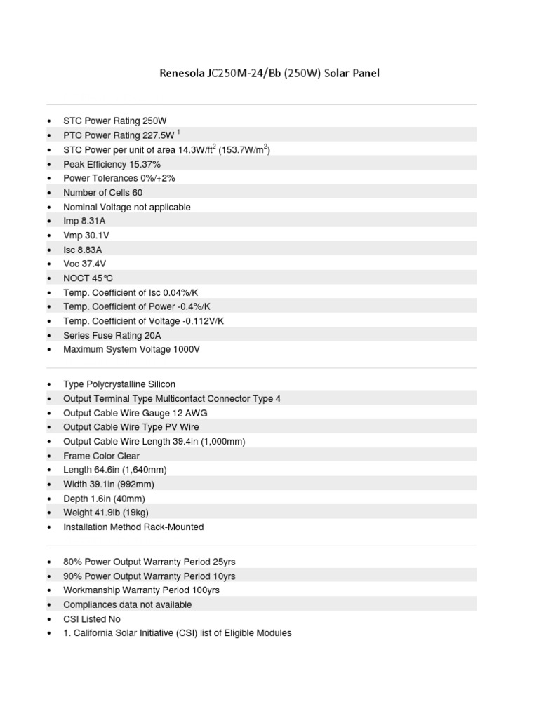 Renesola JC250M-24/Bb (250W) Solar Panel: DC Electrical Characteristics | PDF | Computers ...