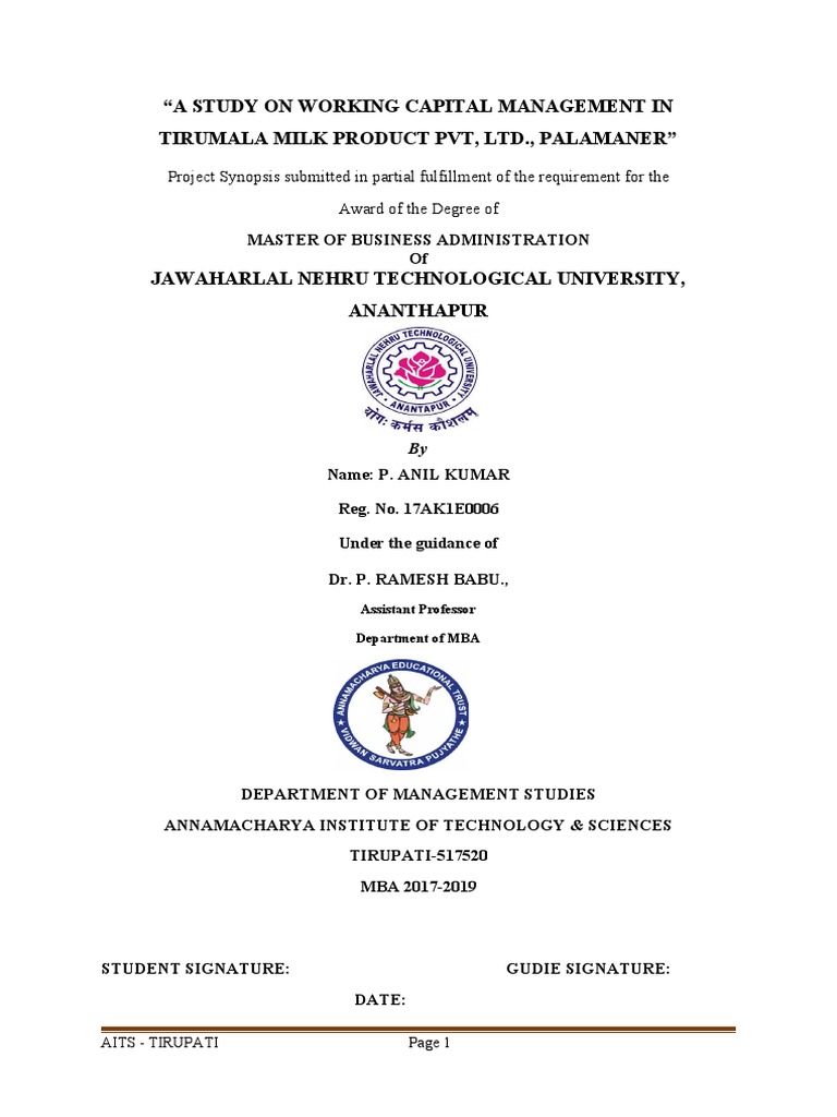 P. Anil Kumar Synopsis | PDF | Working Capital | Market Liquidity