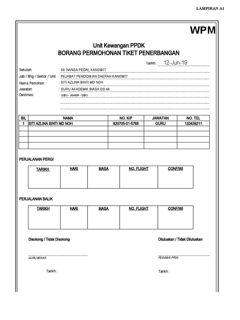 001 Excel Borang Permohonan Tiket Penerbangan (WPM) | PDF