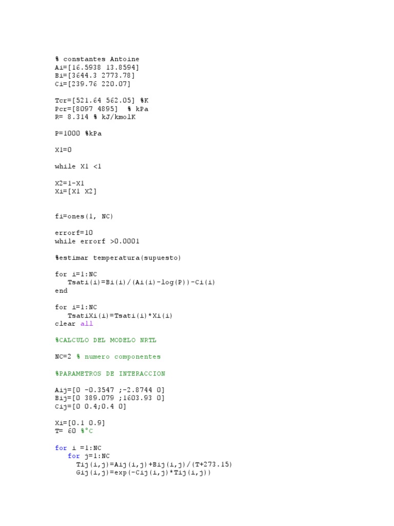 Lculo Del Modelo NRTL % Numero Componentes %parametros de Interaccion | PDF
