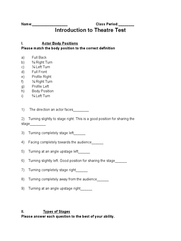 Theatre Test: Actor Positions & Vocabulary | PDF | Art