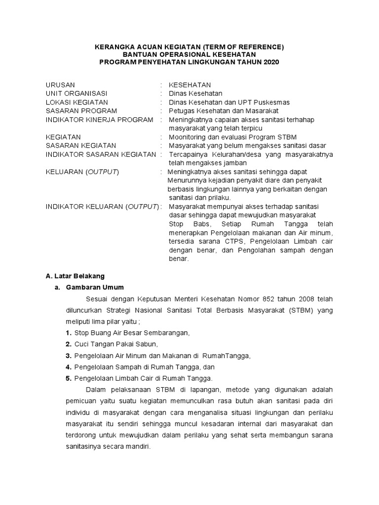 Kerangka Acuan Kegiatan Monitoring Dan Evaluasi Program STBM | PDF