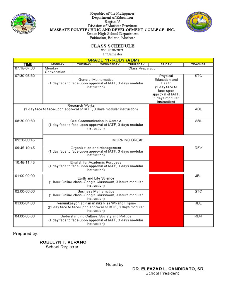 Class Schedule: Grade 11-Ruby (Abm) | PDF | Behavior Modification ...