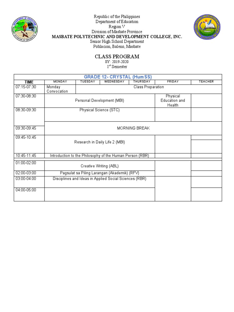 Class Program: Grade 12-Crystal (Humss) | PDF