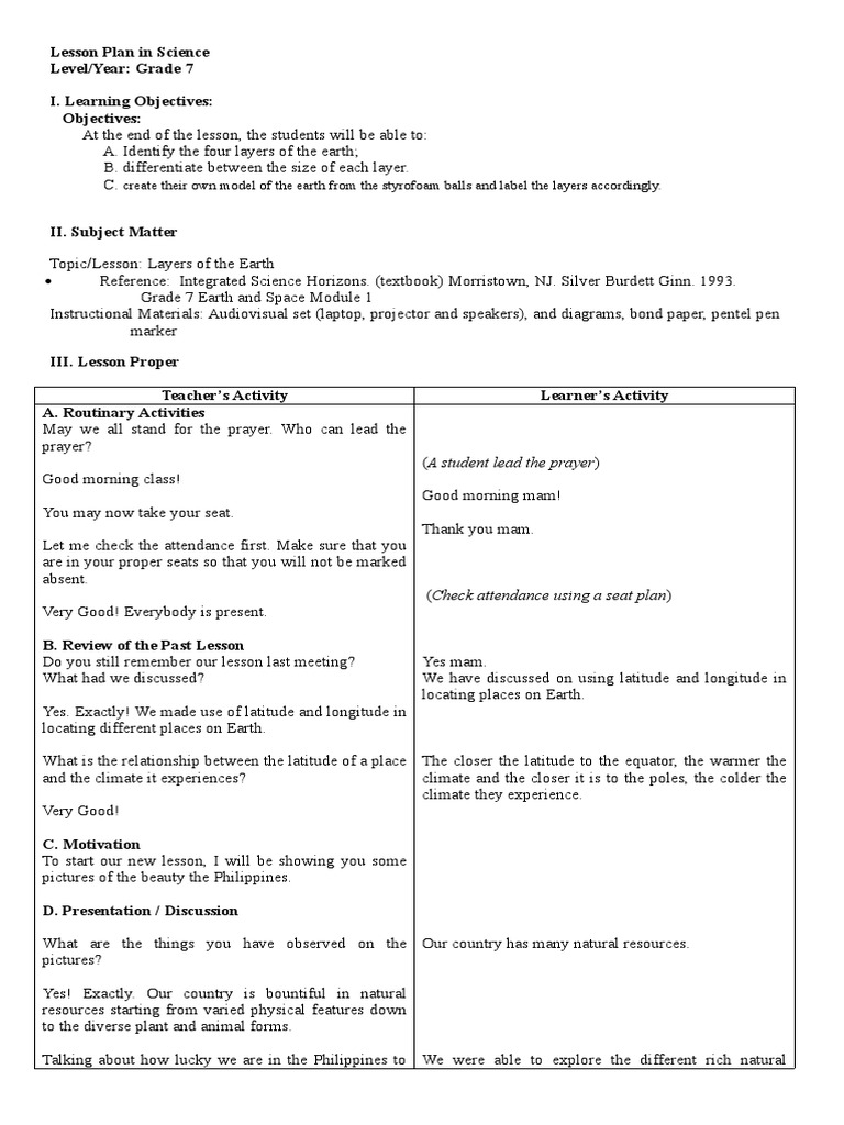 Lesson Plan in Science Level/Year: Grade 7 I. Learning Objectives | PDF ...