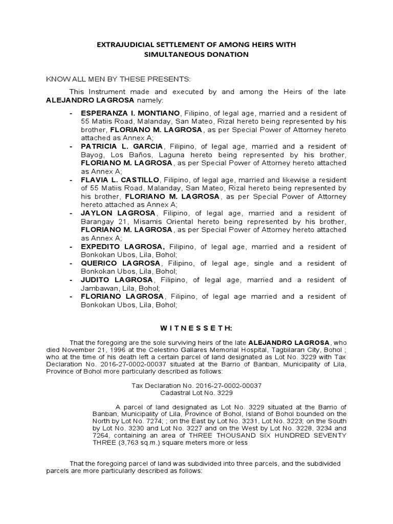 Extrajudicial Settlement of Among Heirs With Simultaneous Donation | PDF | Government | Common Law