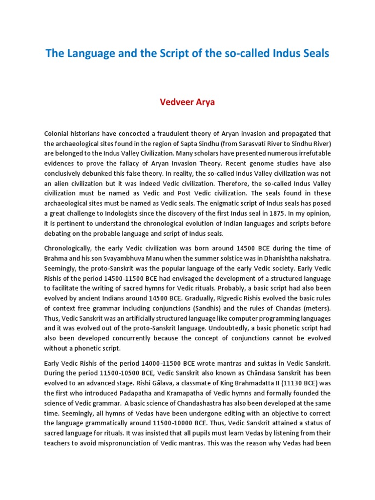 The Language and The Script of The So-Called Indus Seals: Vedveer Arya ...