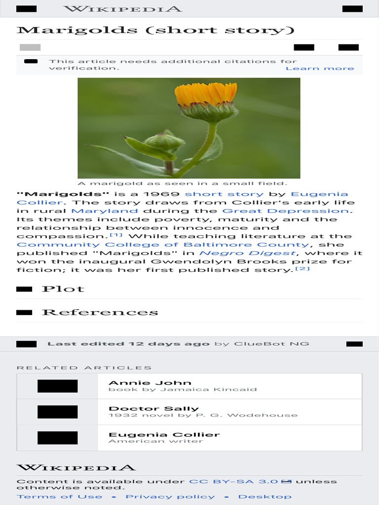 Marigolds (Short Story) : Plot References | PDF