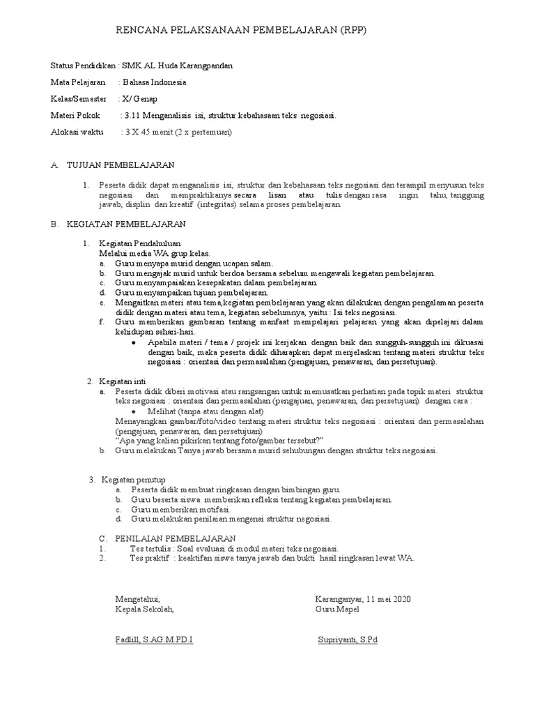 RPP 1 Lembar Bahasa Indonesia | PDF