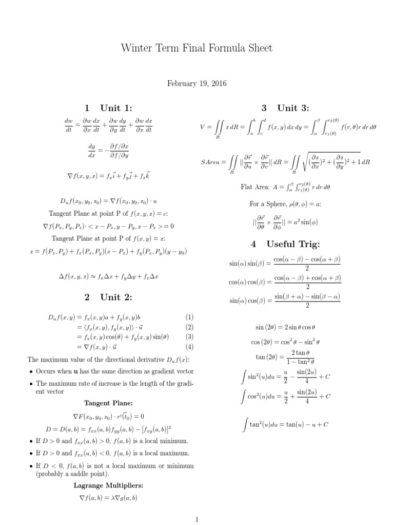 Winter Term Final Formula Sheet: 1 Unit 1: 3 Unit 3 | PDF | Algebra ...
