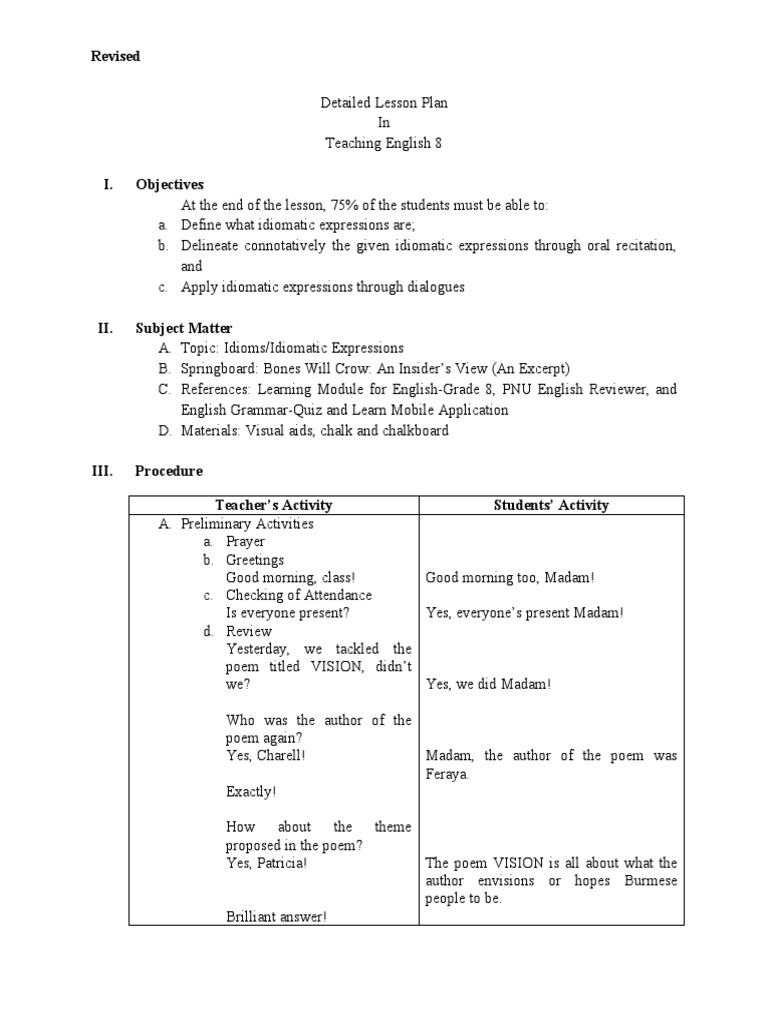 Detailed Lesson Plan4 | PDF | Idiom | Lesson Plan