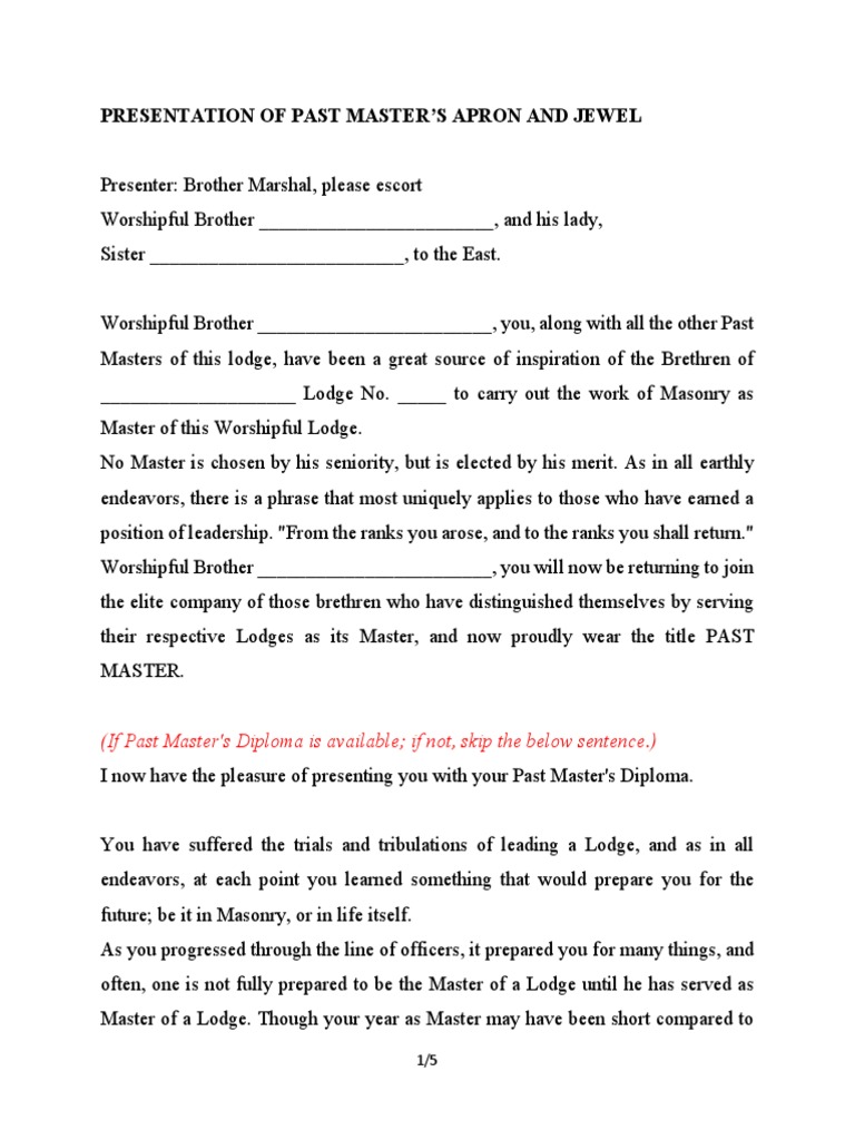 Presentation of Past Master - Apron and Jewel | PDF | Freemasonry