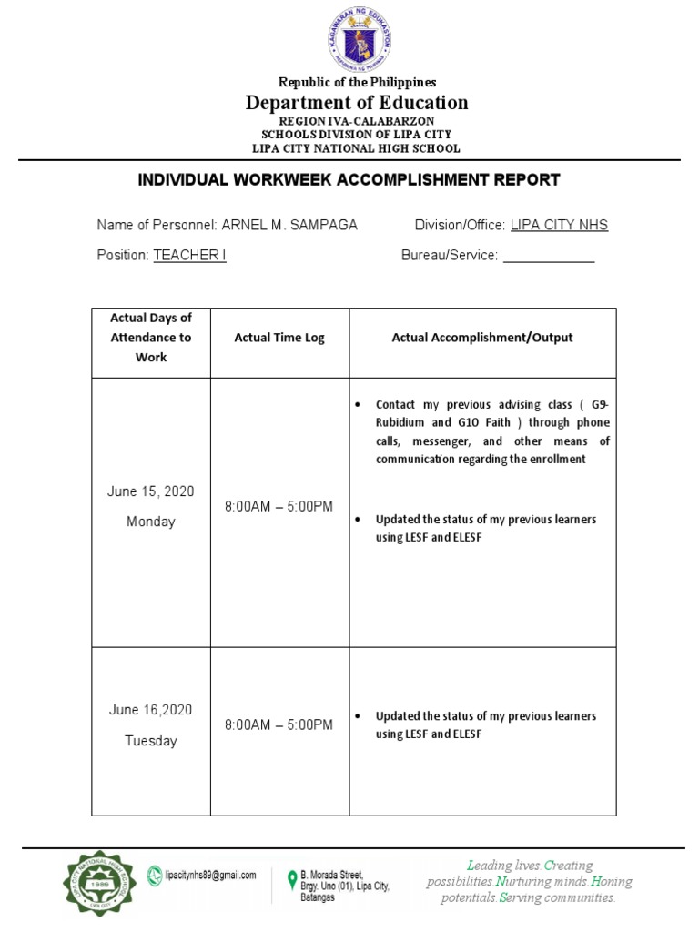 Department of Education: Individual Workweek Accomplishment Report ...