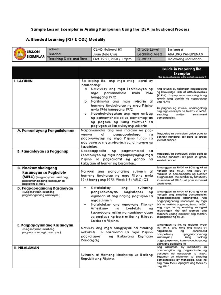 Sample Lesson Exemplar (AP) Using The IDEA Instructional Process As of ...