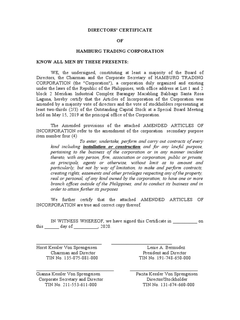 Director's Certificate | PDF | Corporations | Government Information