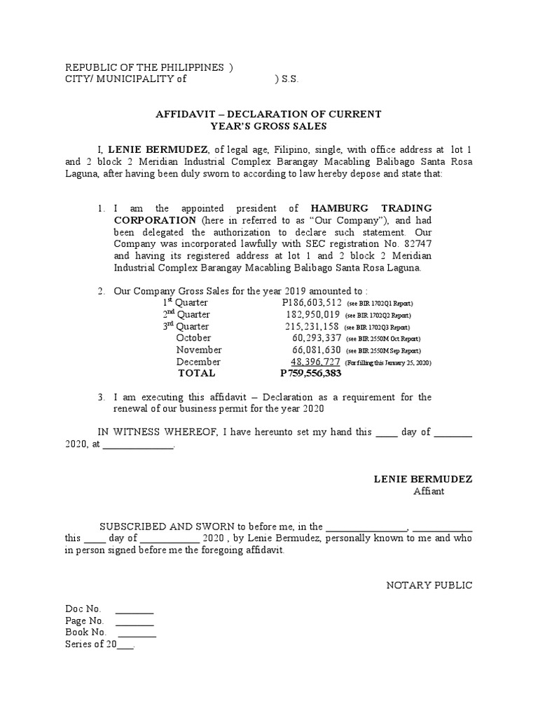 Affidavit - Declaration of Current Year'S Gross Sales | PDF