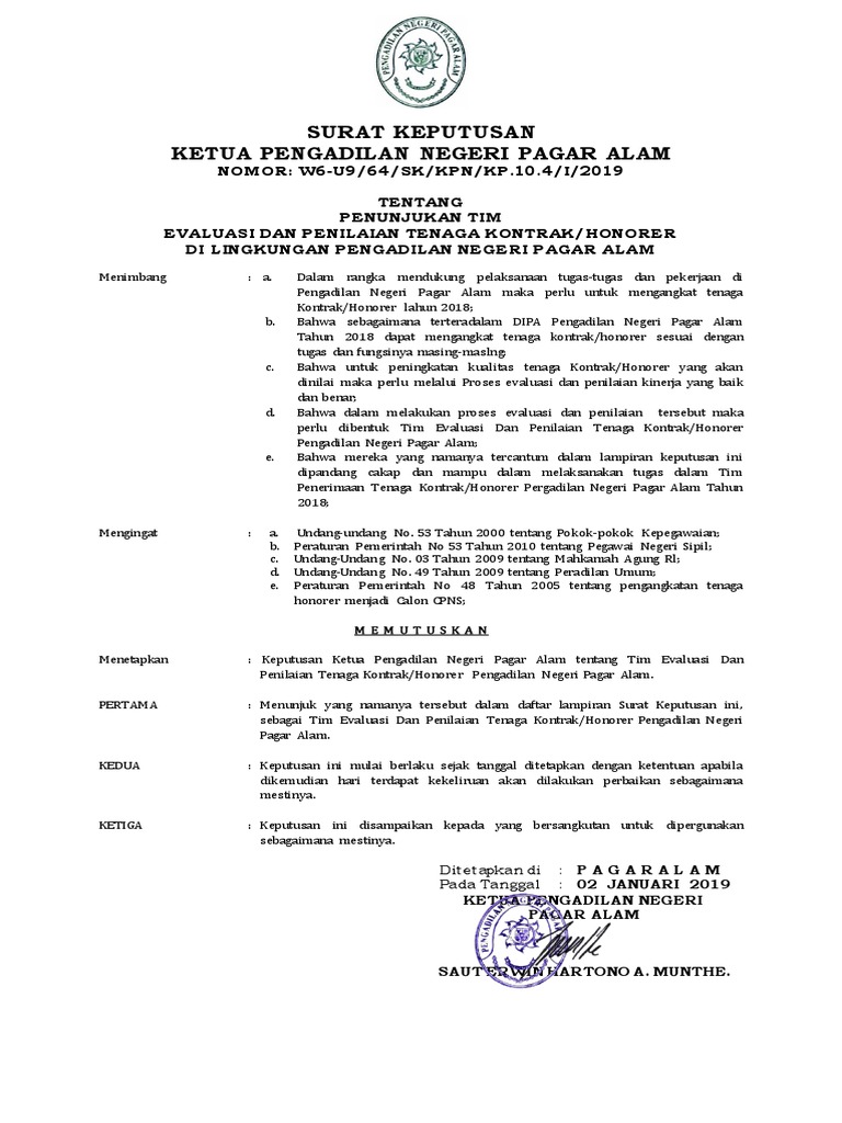 SK Tim Evaluasi Dan Penilaian Tenaga Kontrak Dan Honorer - 2 PDF | PDF