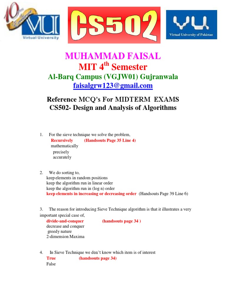 CS502 Midterm MCQs Guide | PDF | Time Complexity | Logarithm