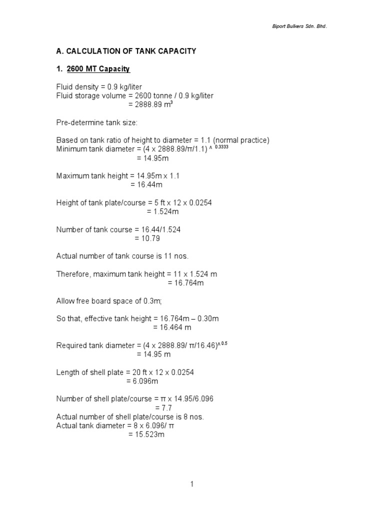 Tank Design Calculation-Cap | PDF | Litre | Volume