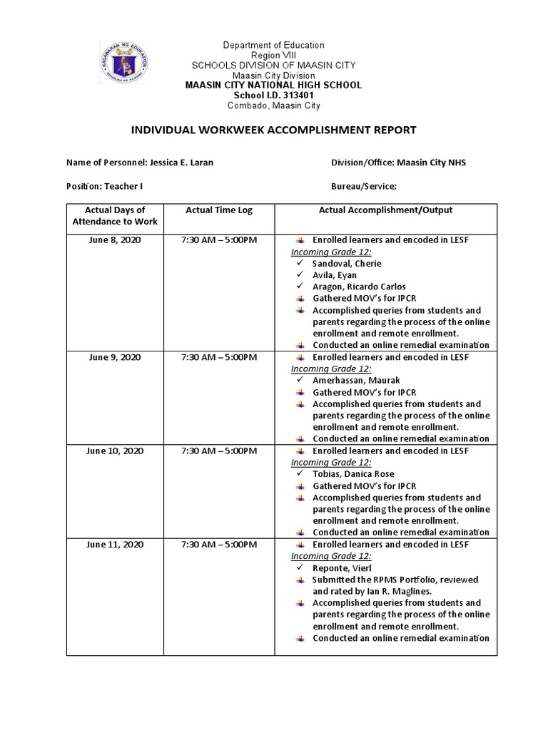 Individual Workweek Accomplishment Report: Actual Days of Attendance To ...