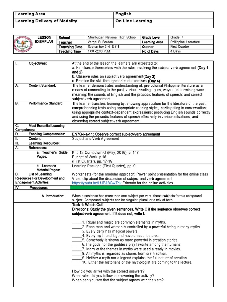 Grade 7 Subject-Verb Agreement Lesson | PDF | Verb | Subject (Grammar)