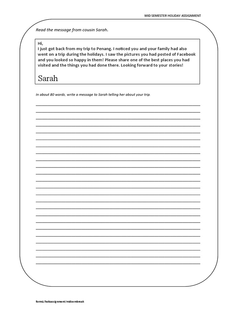 Form 1 Writing Task | PDF | Holiday Or Vacation | Asia