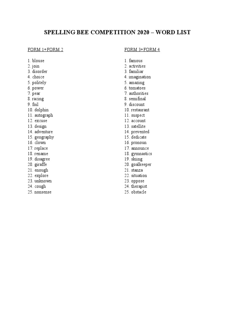 Spelling Bee Competition 2020 Word List PDF