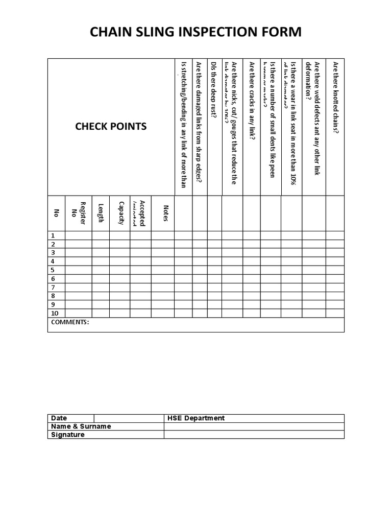 Chain Sling Inspection Checklist | PDF | Industrial Processes | Mechanical Engineering