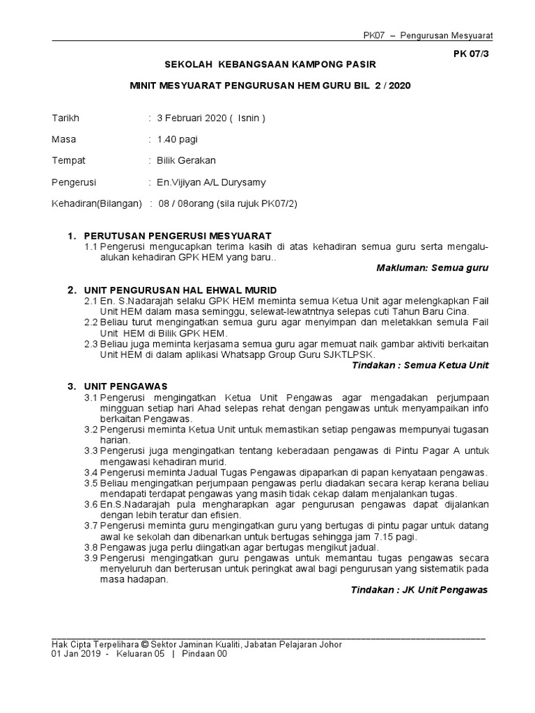 Minit Mesyuarat Pengurusan HEM Bil 2 | PDF