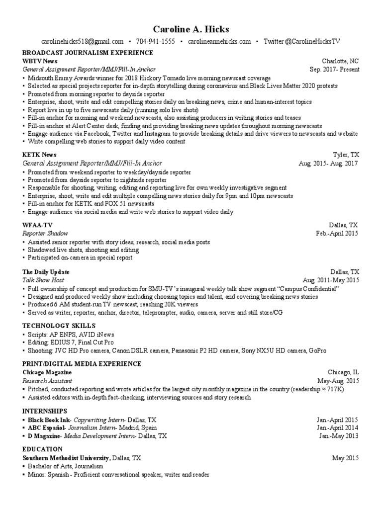Caroline Hicks 2020 Resume | PDF | News Broadcasting | Social Media