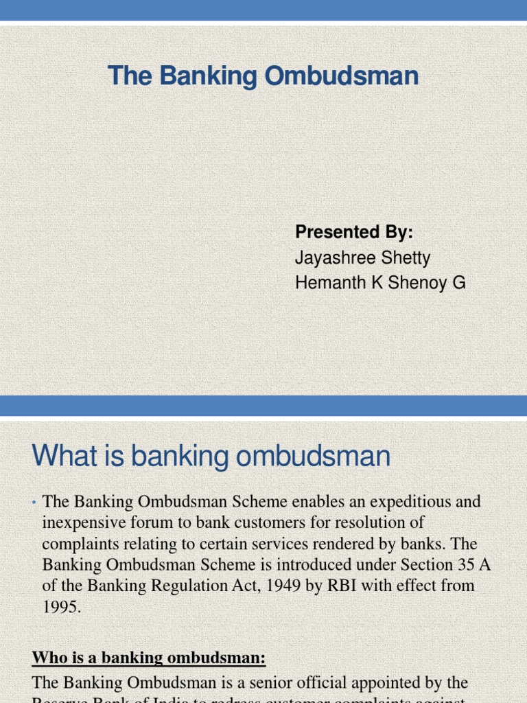 The Banking Ombudsman: Presented by | PDF | Reserve Bank Of India ...