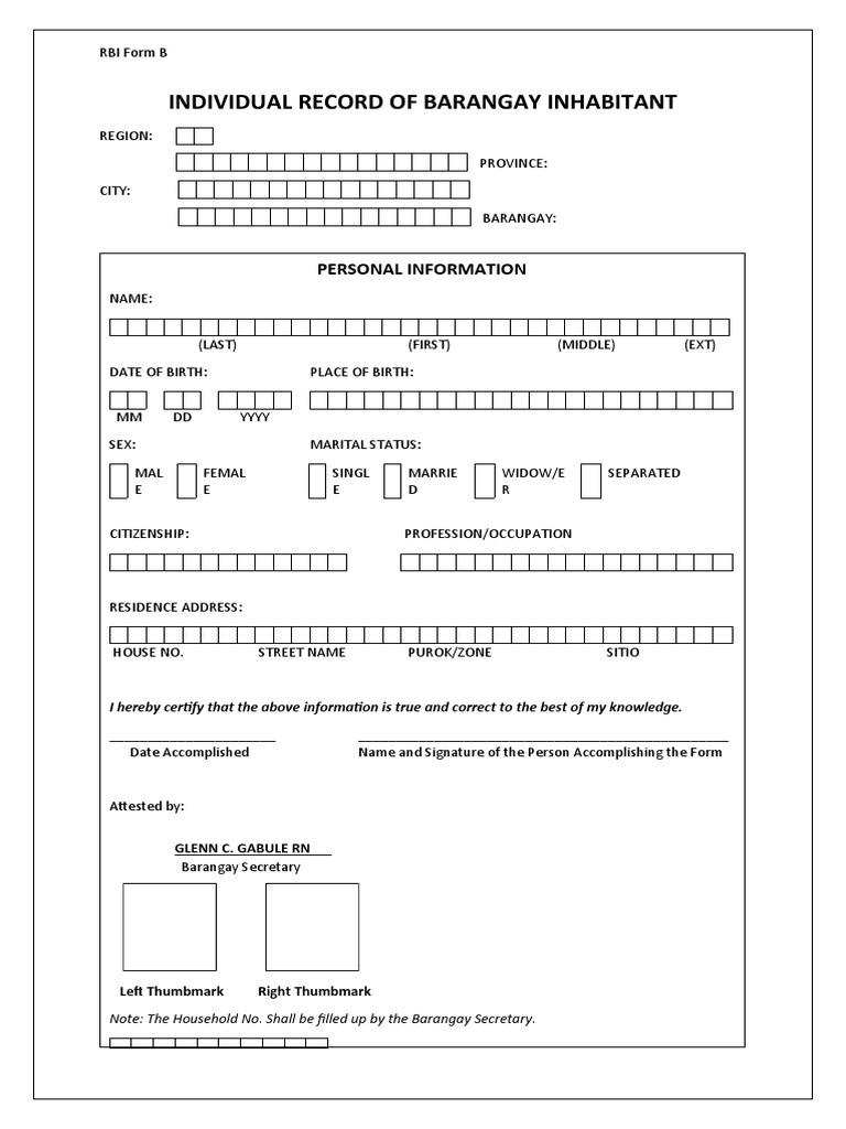 Individual Record of Barangay Inhabitants | PDF