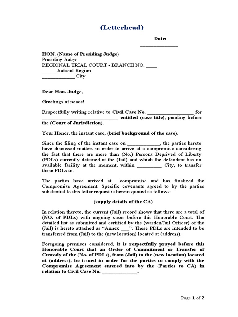 Letter Request For Transfer of Custody of PDLs - For Upload | PDF