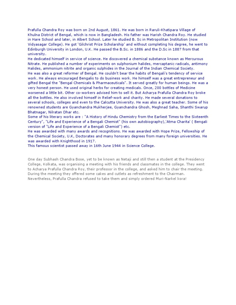 Prafulla Chandra Roy: Chemist & Reformer | PDF | Bengal | Science