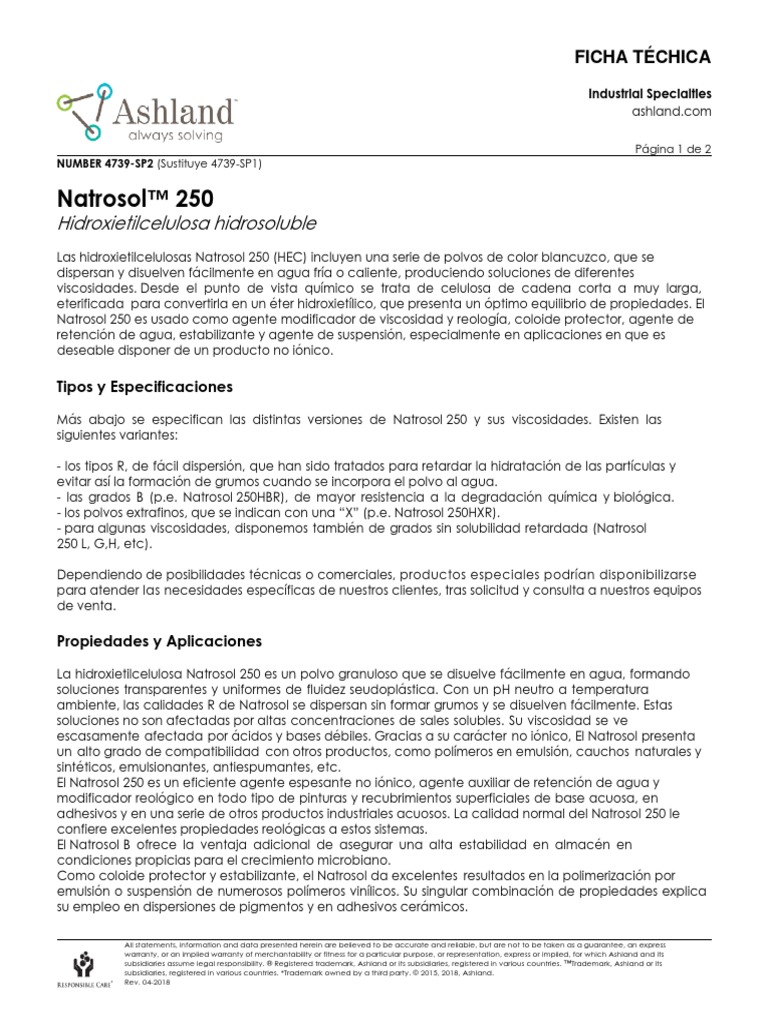 Natrosol 250 HHBR | PDF | Solubilidad | Suspensión (Química)
