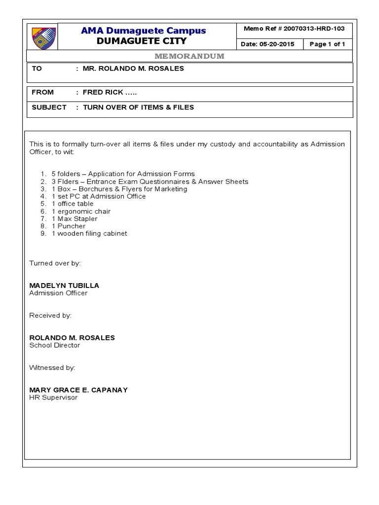 Memo TURN OVER - TUBILLA | PDF