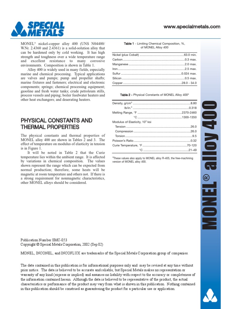 Monel 400 | PDF | Ultimate Tensile Strength | Strength Of Materials