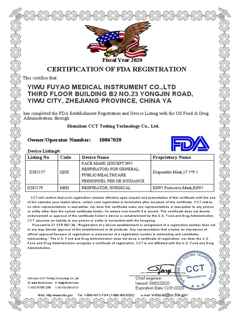 Certification of Fda Registration | PDF | Food And Drug Administration ...