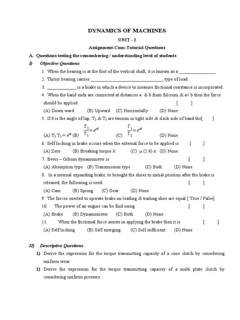 Dynamics of Machines: I) Objective Questions | PDF | Rotation Around A ...