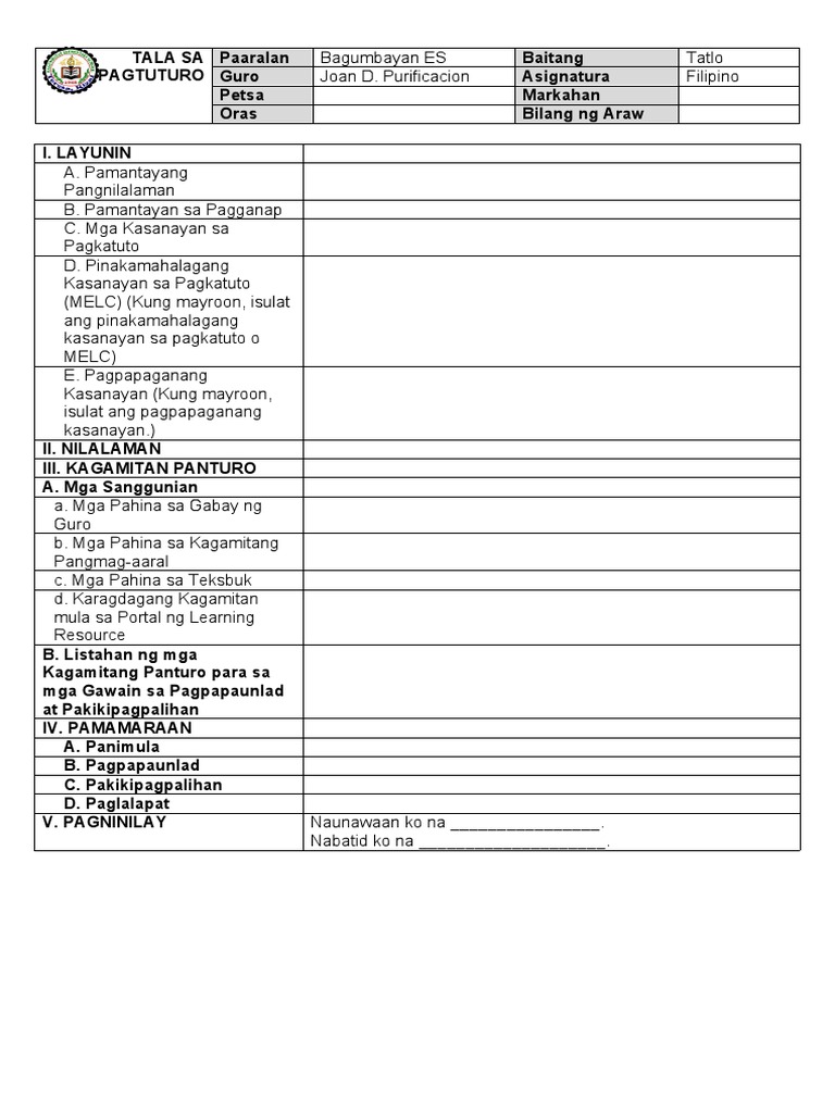 Lesson Exemplar Filipino Template | PDF