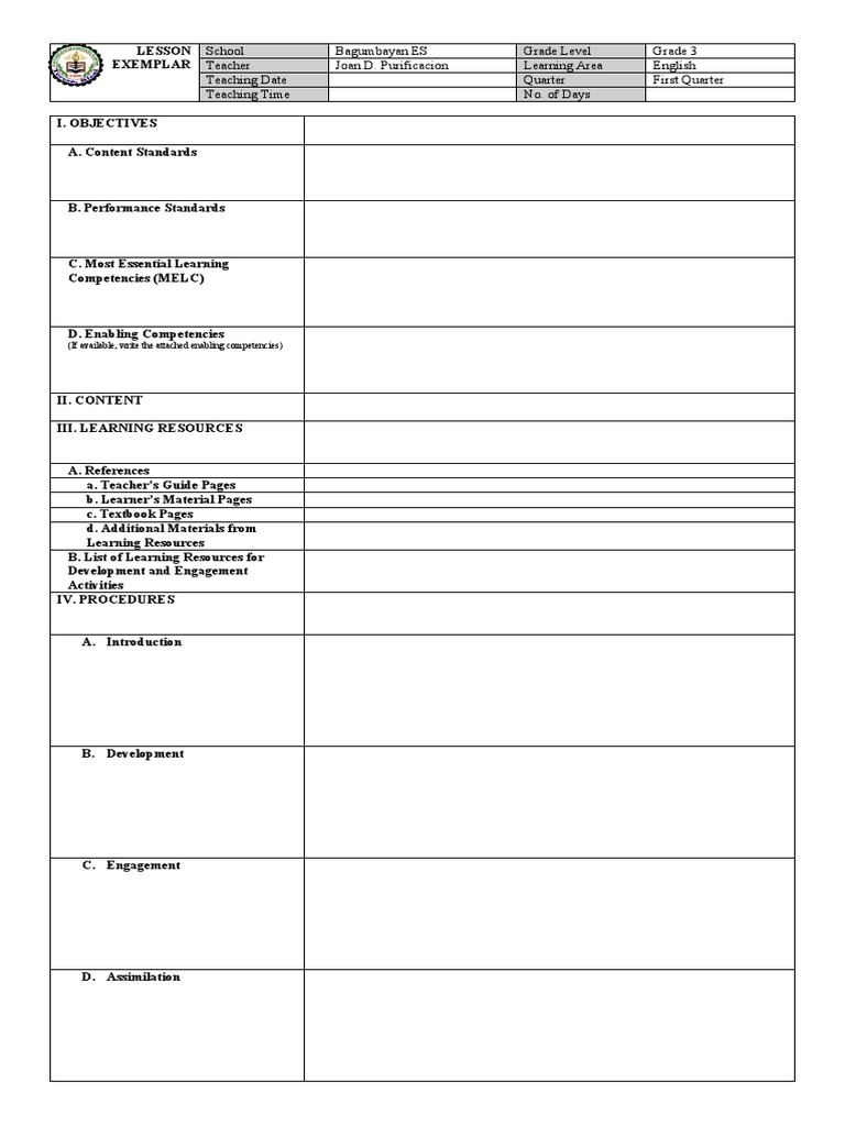 Lesson Exemplar English Template | PDF