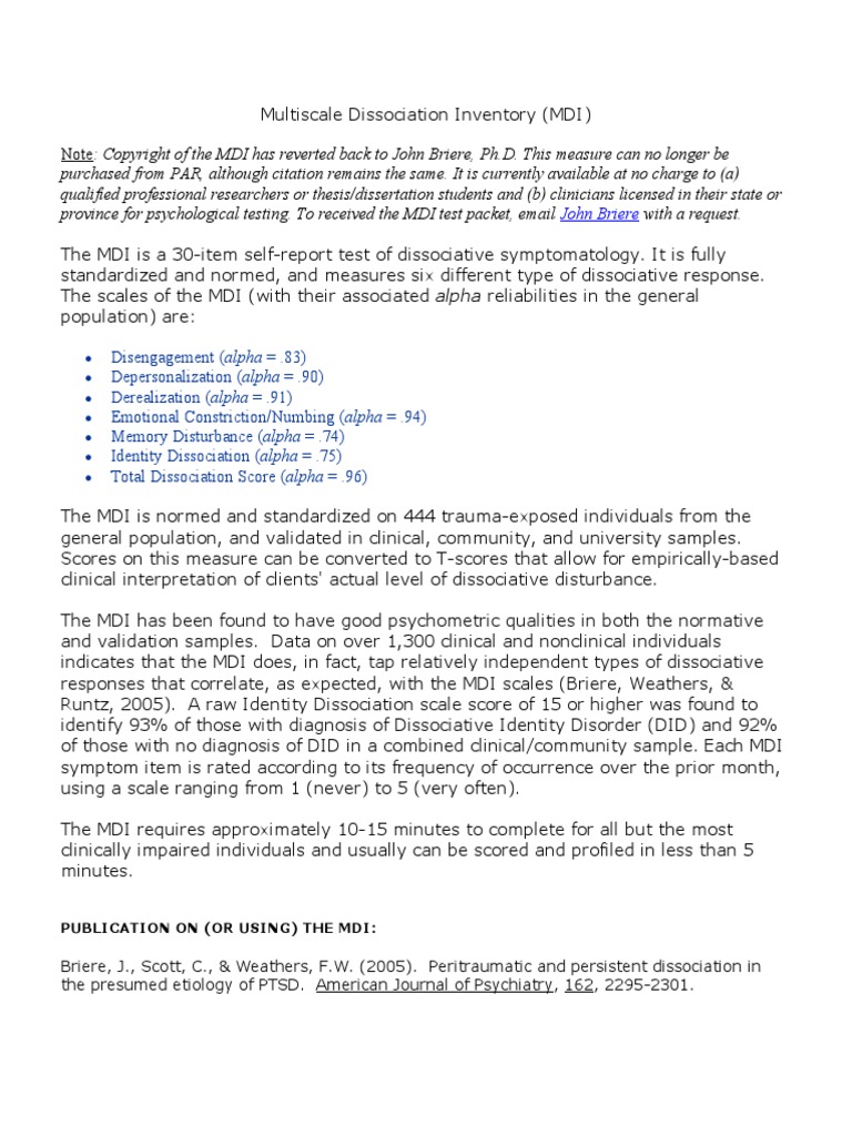 Multiscale Dissociation Inventory (MDI) | PDF | Dissociation (Psychology) | Posttraumatic Stress ...