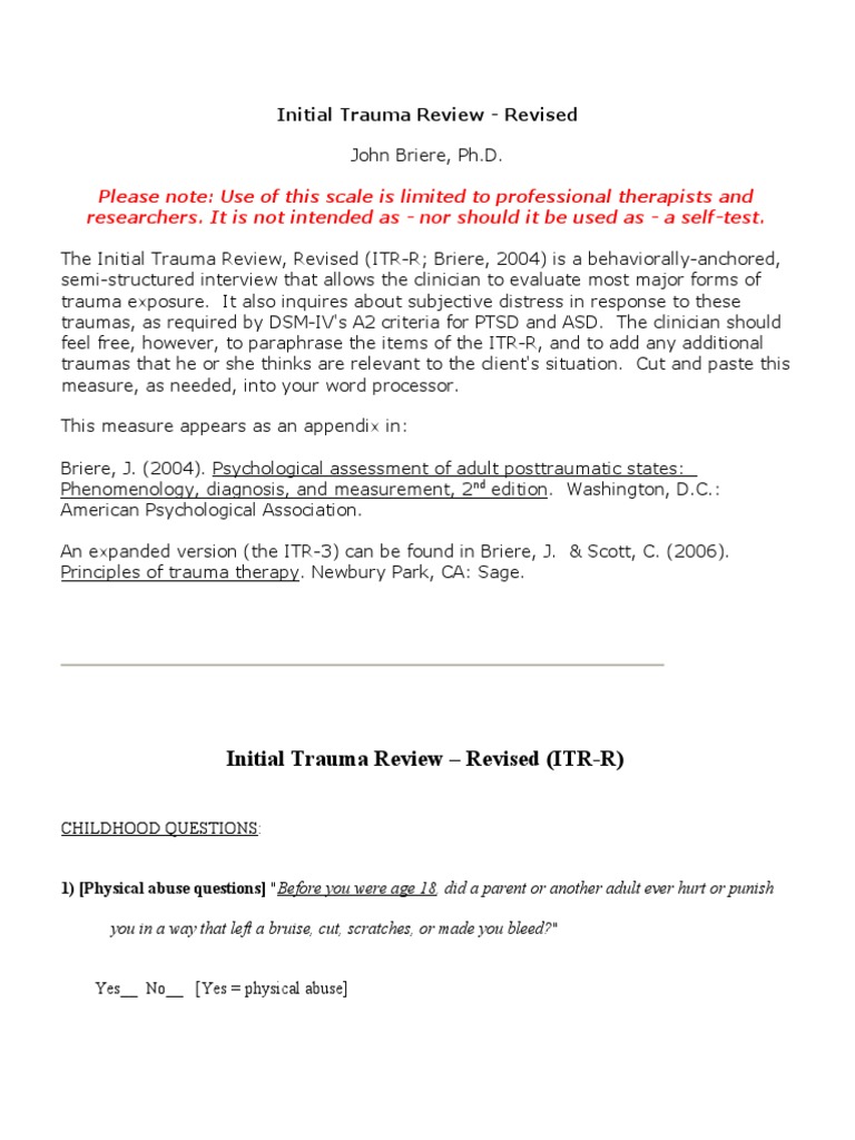 Revised Initial Trauma Review Tool | PDF | Psychological Trauma | Rape