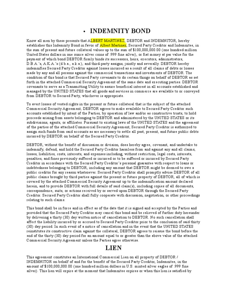 Indemnity Bond Agreement Overview | PDF | Indemnity | Lien