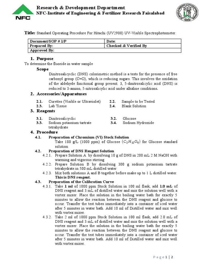Standard Operating Procedure for Determining Reducing Sugars Using a UV ...