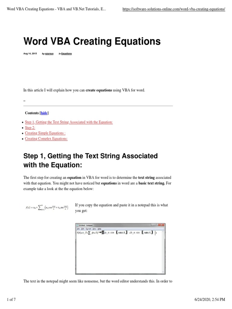 Word VBA Creating Equations - VBA and VB - Net Tutorials, Education and Programming Services ...