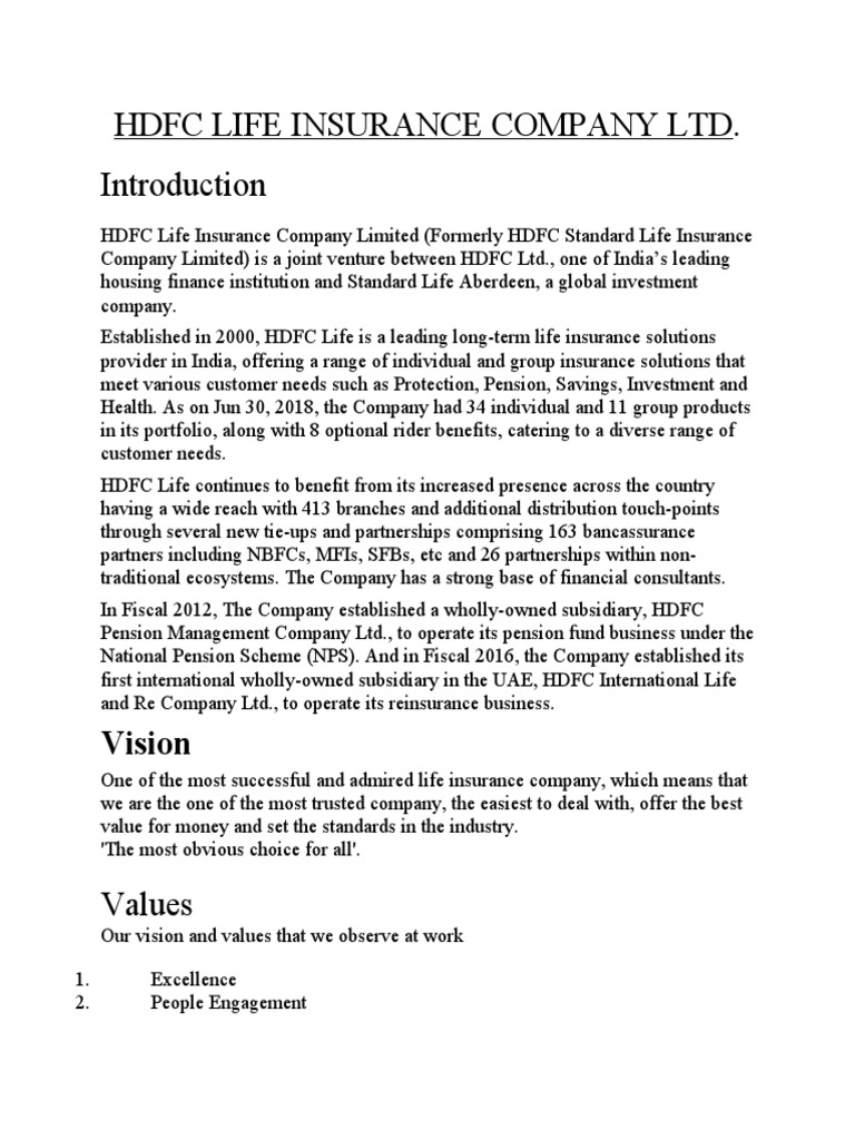 HDFC Life Insurance Company LTD.: Vision | PDF | Life Insurance | Insurance