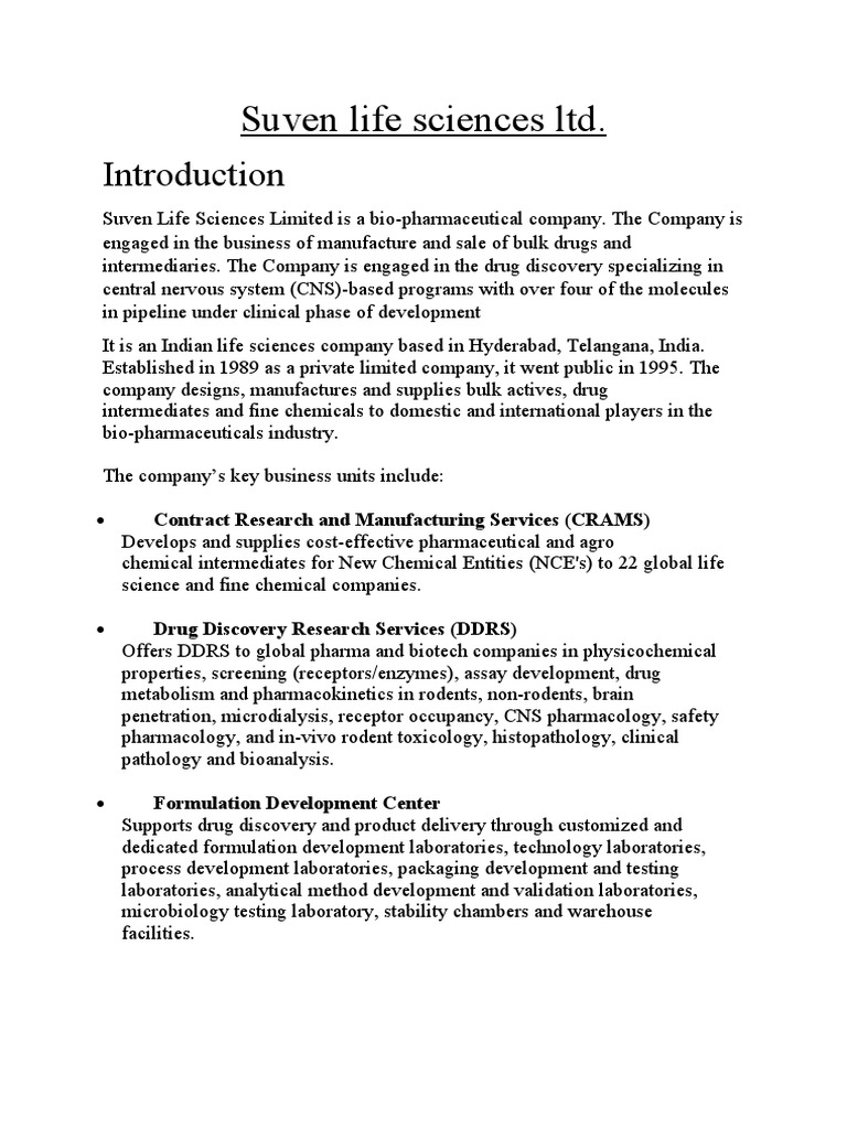 Suven Life Sciences LTD | PDF | Fine Chemical | Pharmacology