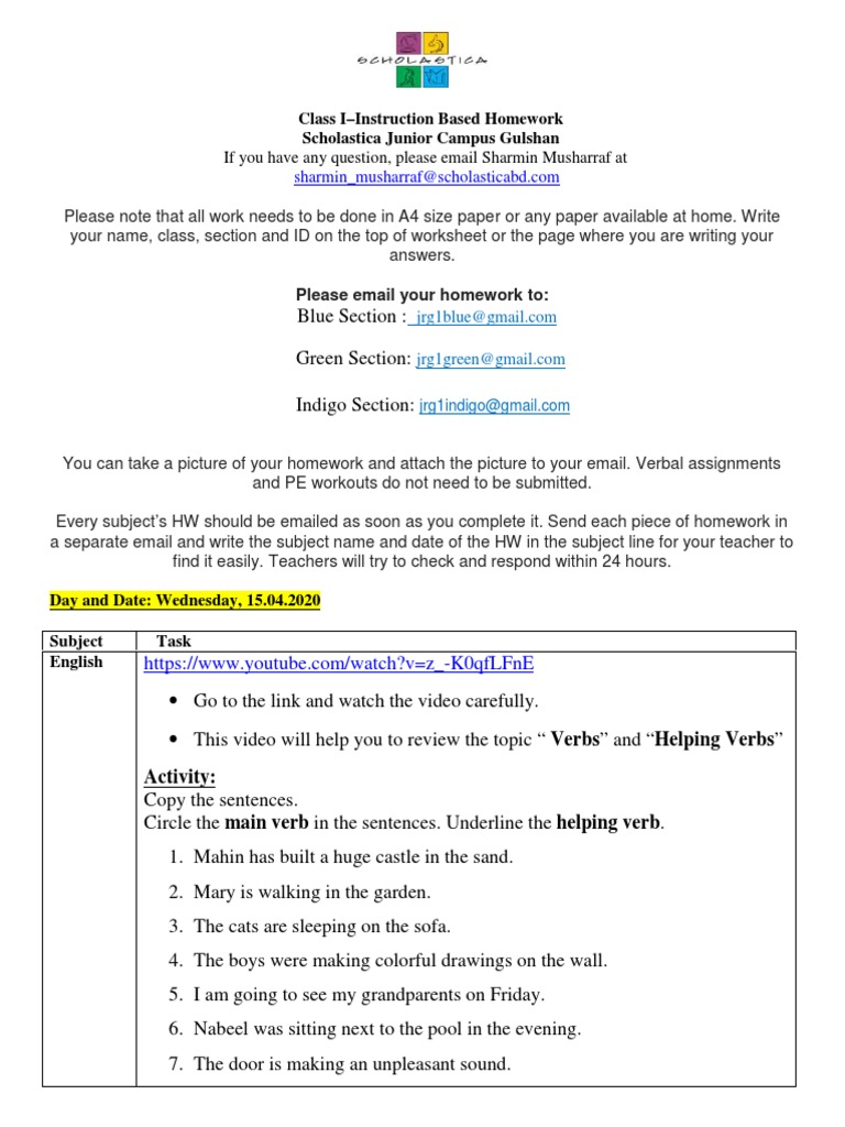 Class I Instruction Based Homework - 15th April 2020 | PDF | Worksheet ...