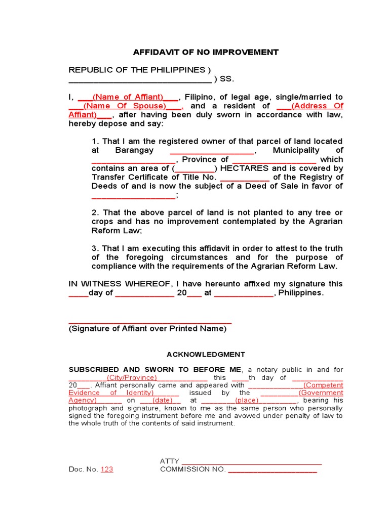 Affidavit of No Improvement | PDF | Affidavit | Notary Public